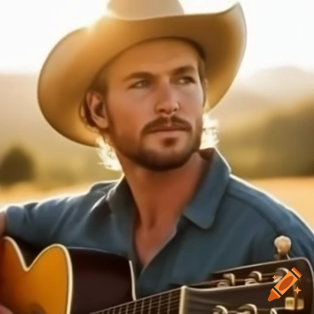 Blonde male country singer in side profile with guitar in sunrise on ...