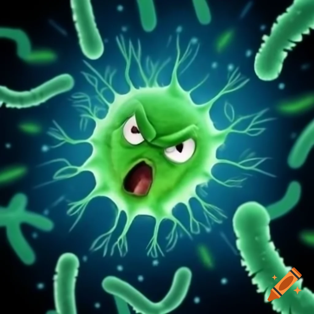 Illustration of angry bacteria in stomach with sharp teeth and bubbling acid on Craiyon