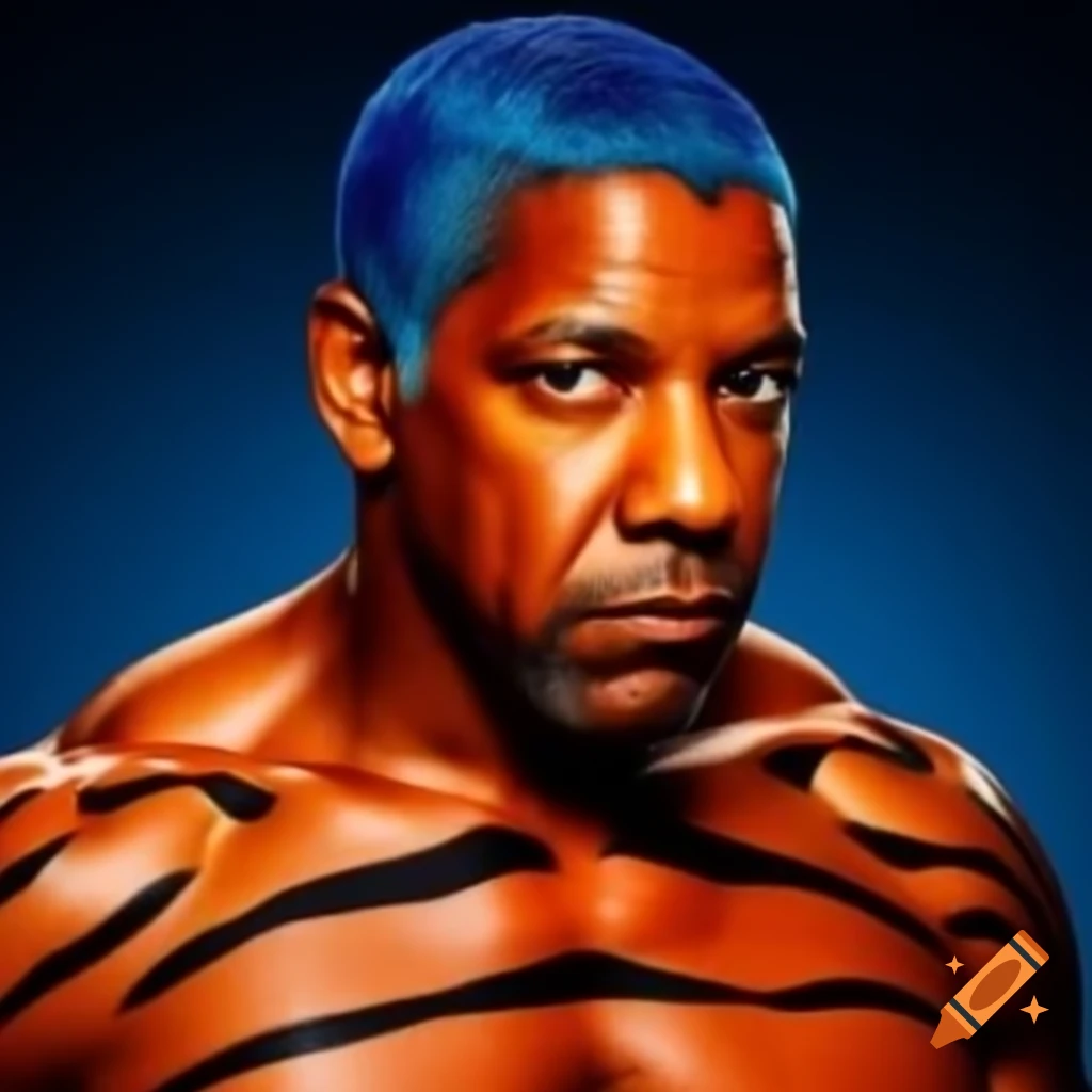 Muscular man with tiger-style makeup and blue hair on Craiyon
