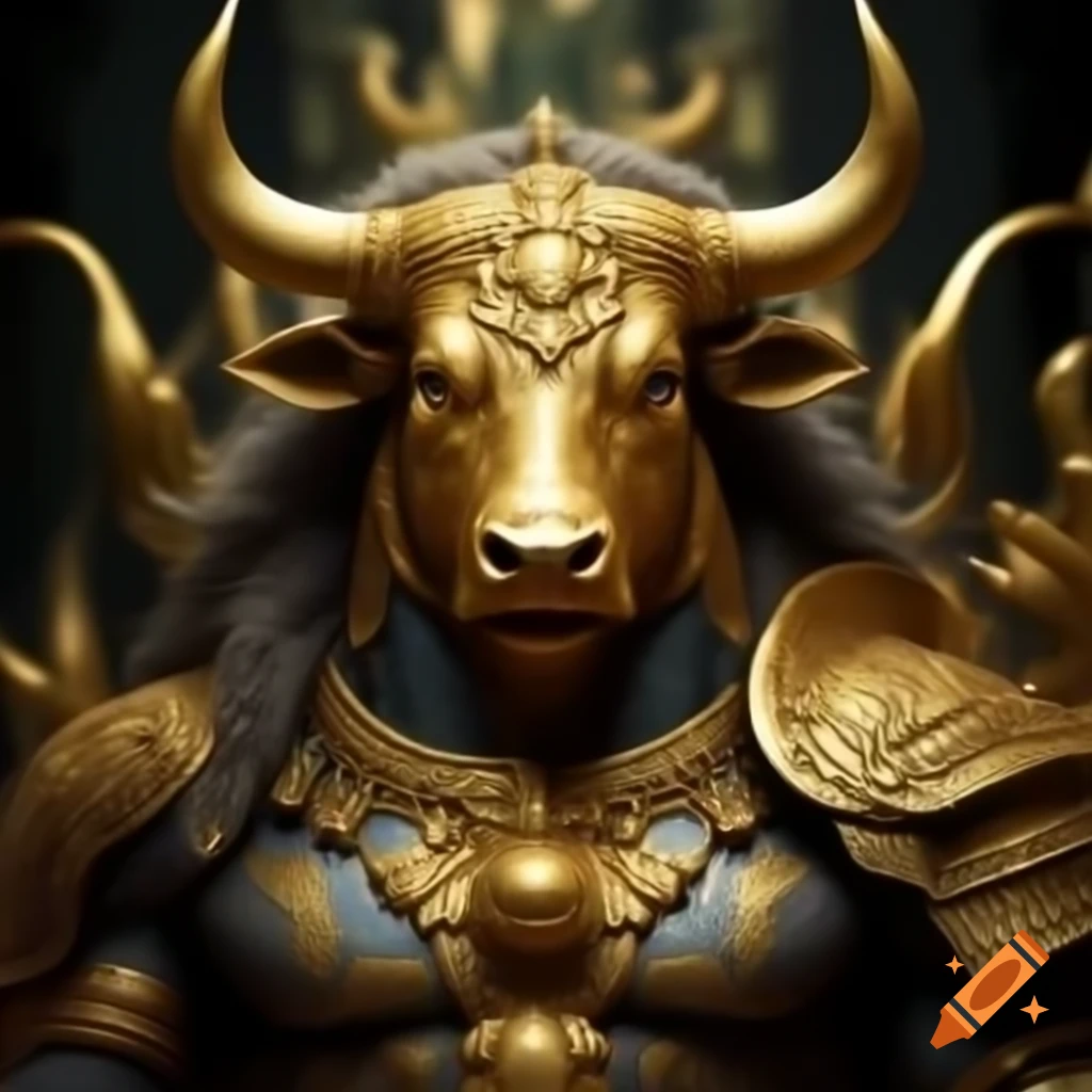 Enlightened golden bull warrior deity embodying power and wisdom on Craiyon