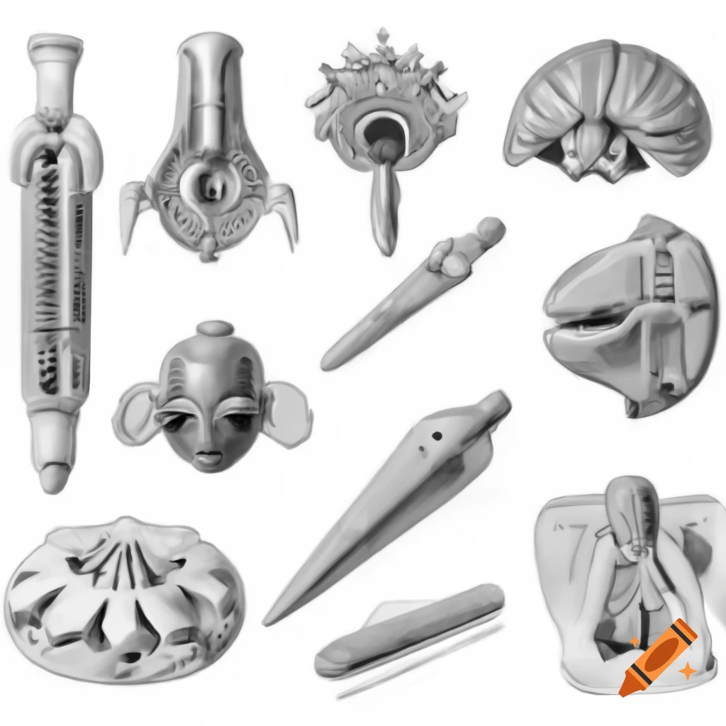 Intricate artifact illustrations for card game in detailed ink pen ...