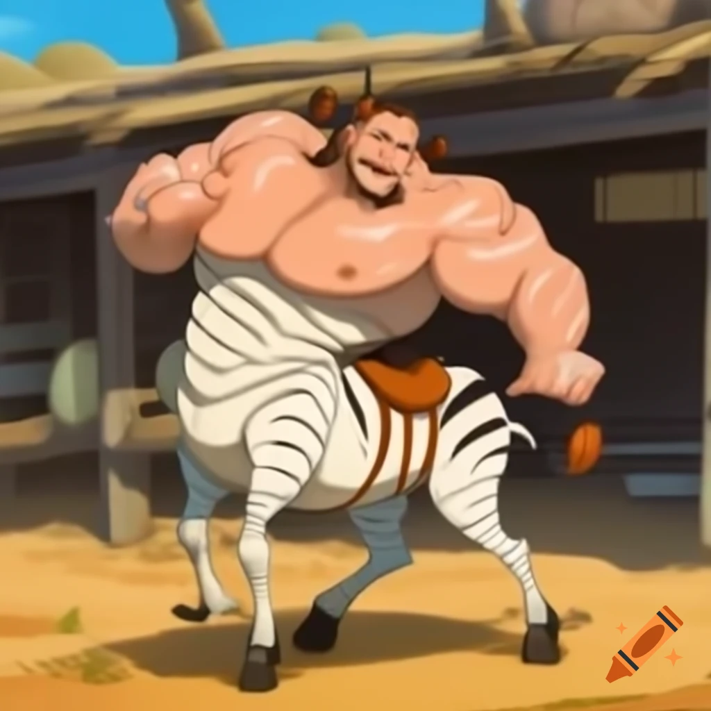 Muscular zebra-centaur with saddlebags prancing near rustic stable in ...