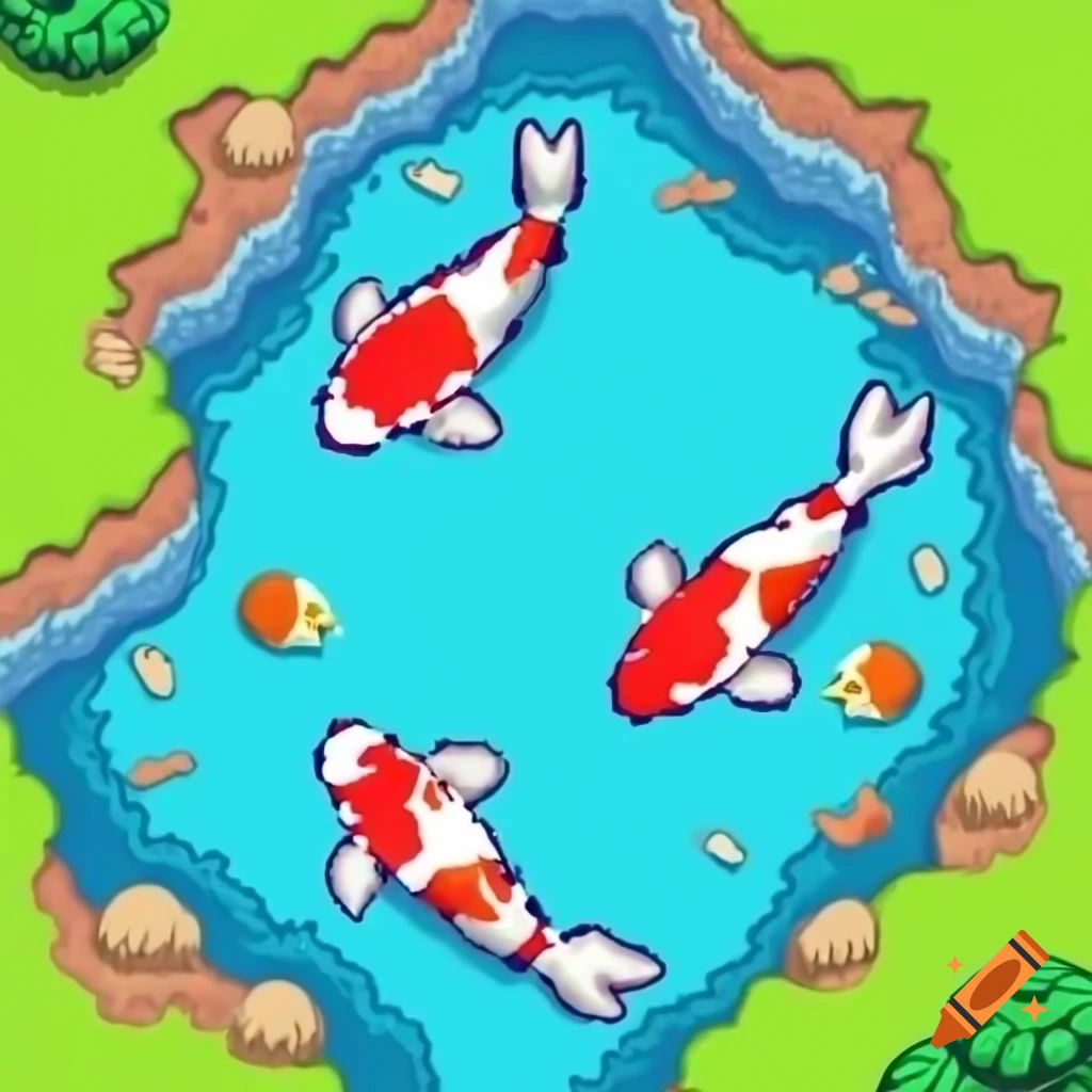 Anime pixel art of koi fish swimming in pond with rocks and plants on ...