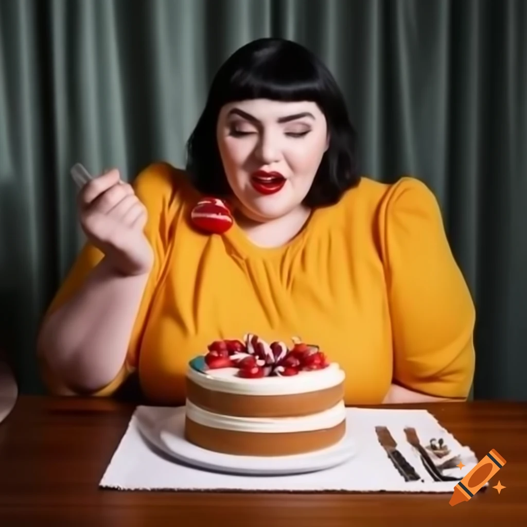 Plus-size woman enjoying a whole cake on Craiyon