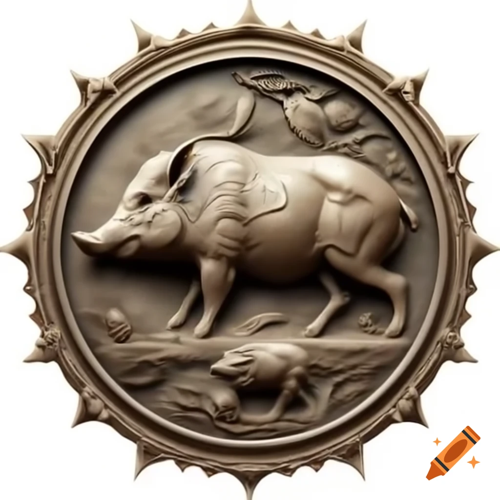 Bas-relief coin medallion featuring wild boar with ornate decorations ...