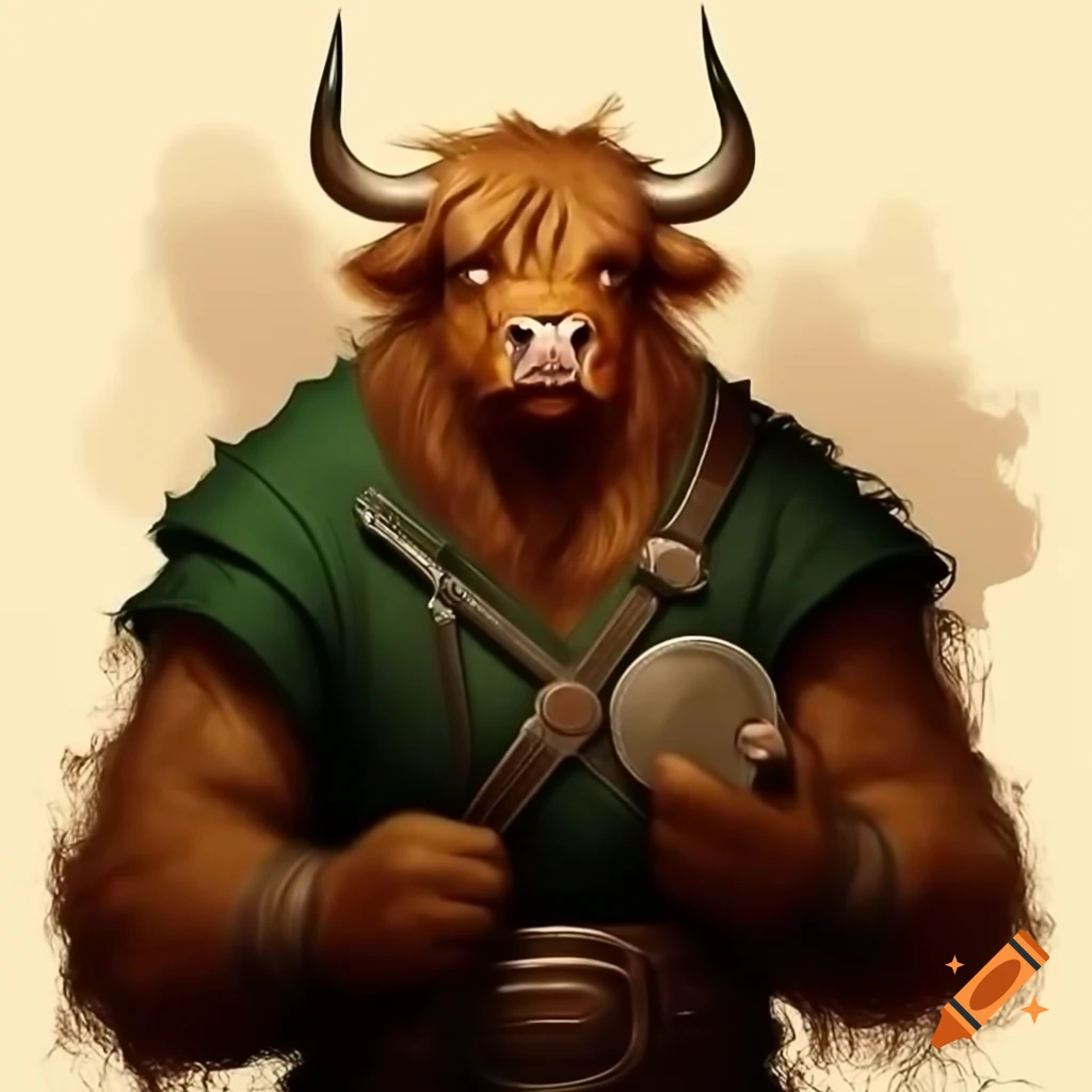 Highland cow minotaur monk in green robes with quarterstaff on Craiyon