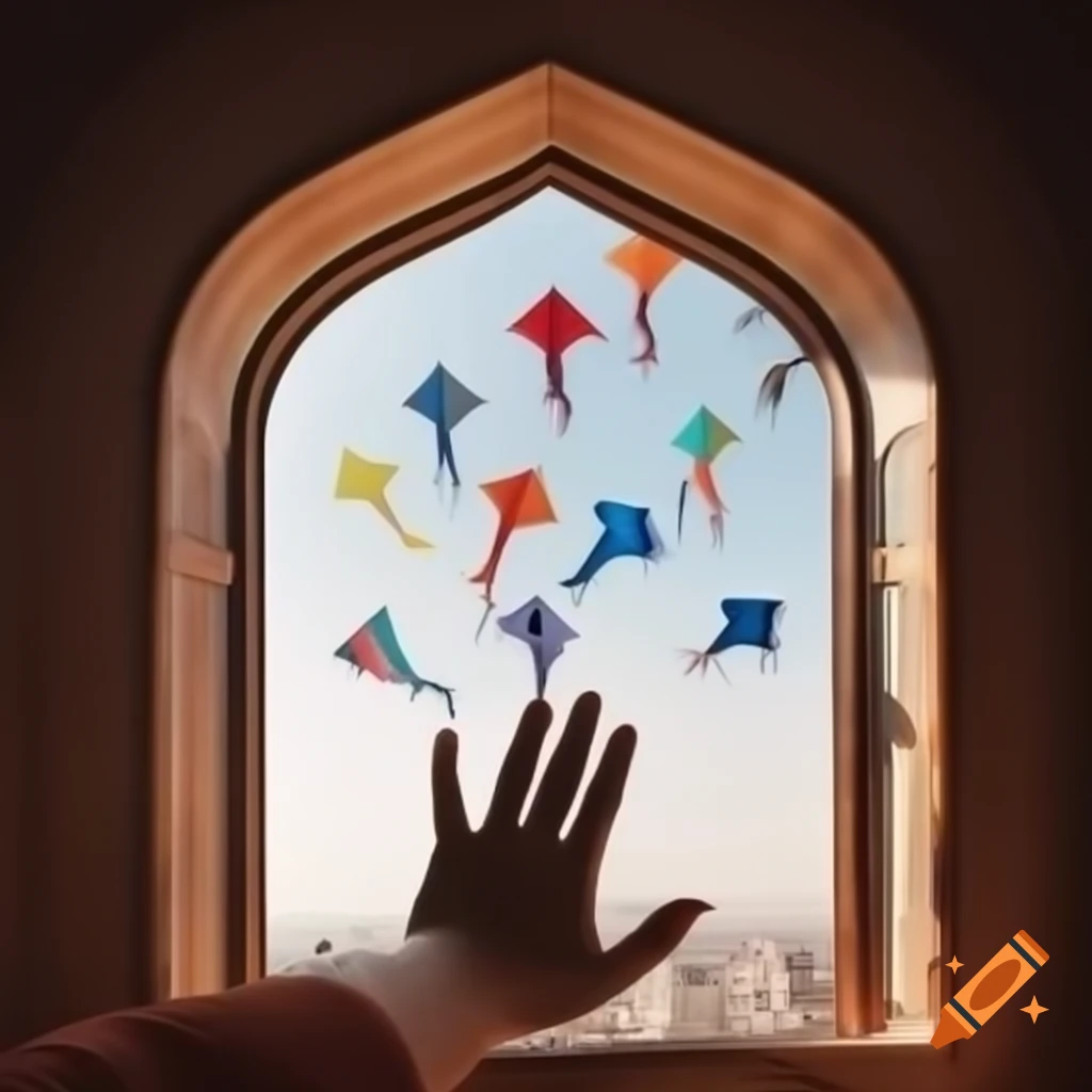 Hand opening wooden arched window revealing cheerful sky with colorful ...