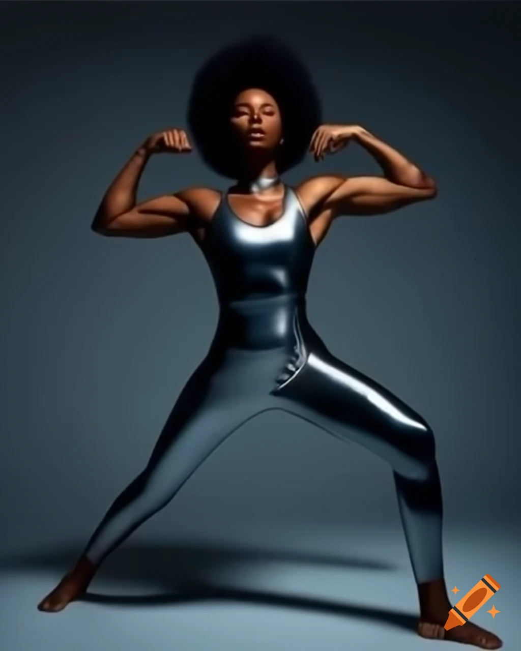 Athletic black woman performing high punch in silver sportswear during ...