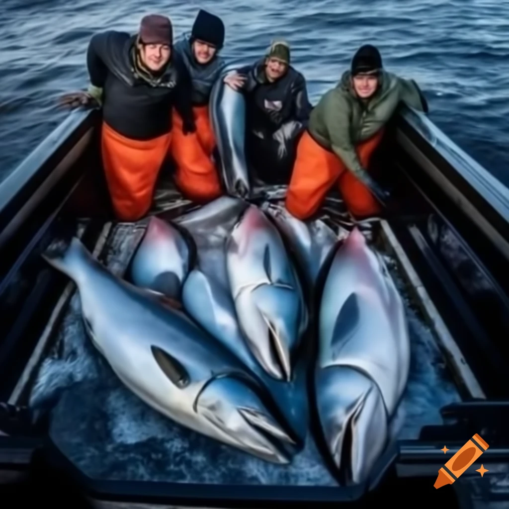 Fishermen discarding giant salmon into a full dumpster on Craiyon