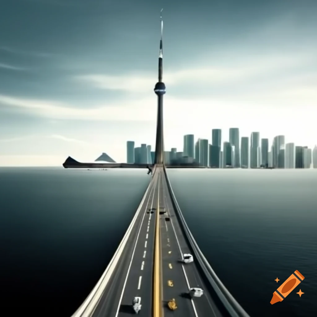 Bird's eye view of road leading to Toronto skyline with CN Tower on Craiyon