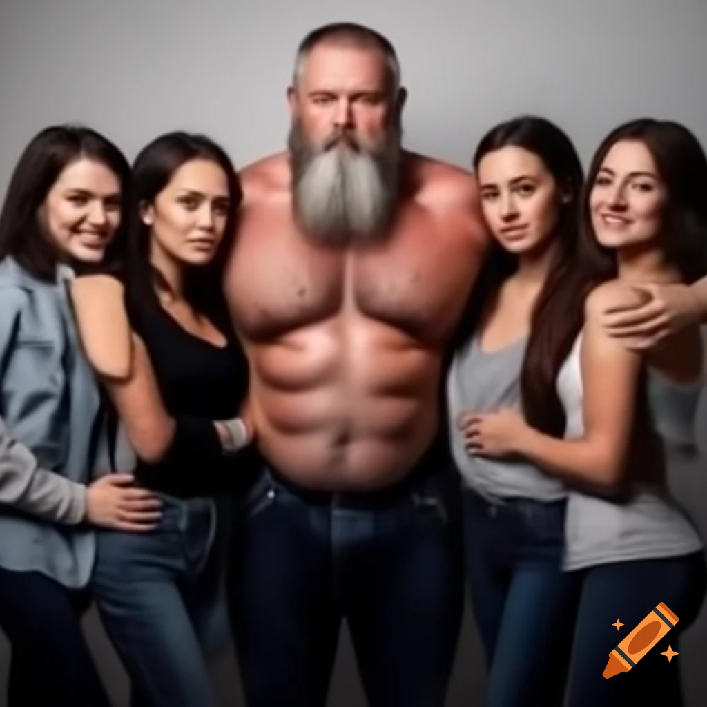 Muscular middle-aged man hugging four young women on Craiyon