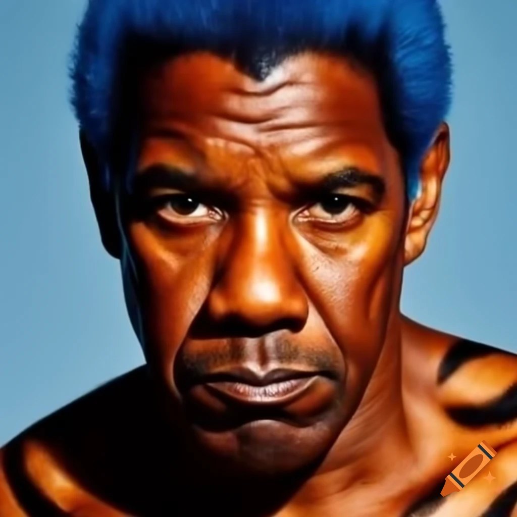 Muscular man resembling Denzel Washington with tiger makeup and blue hair on Craiyon