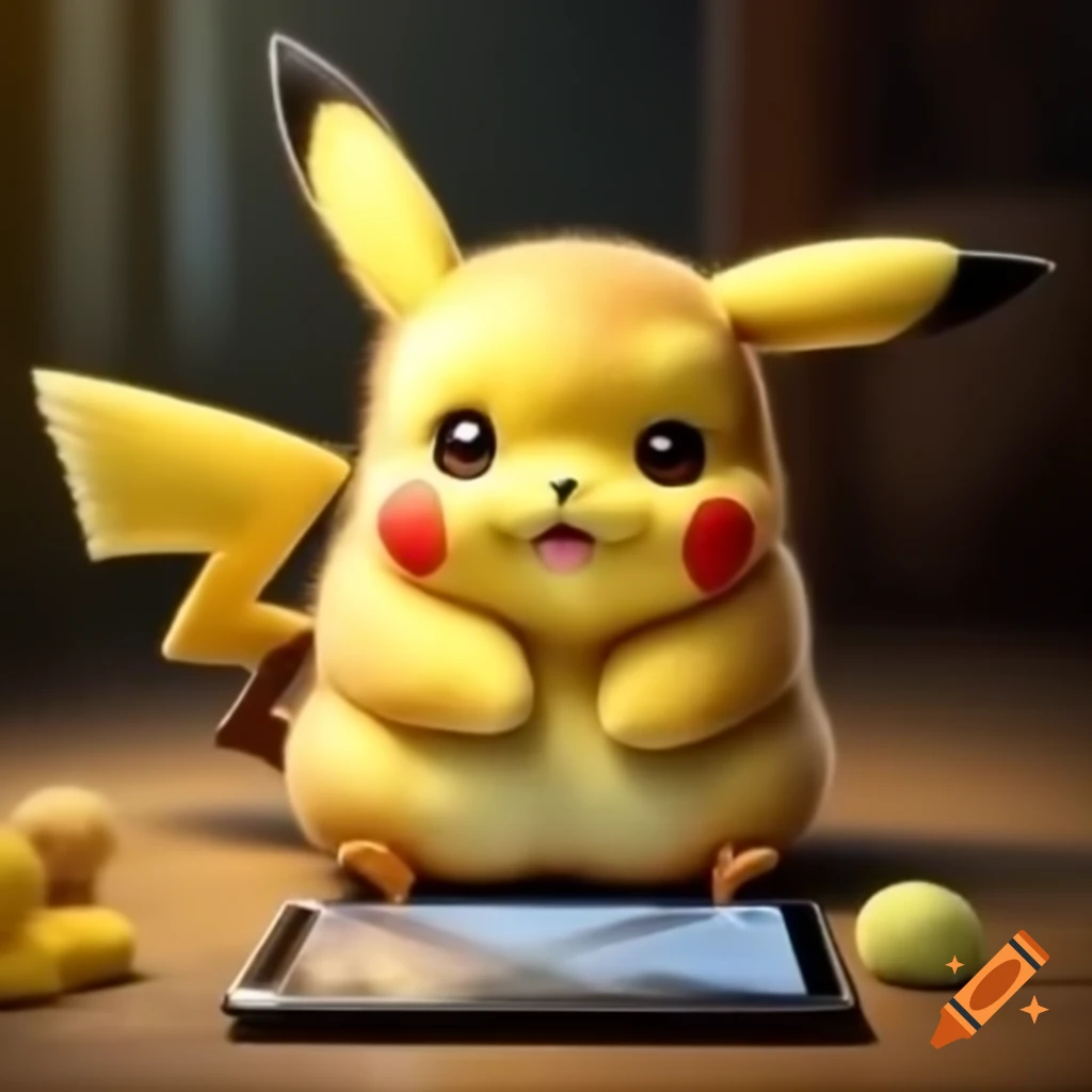 Chubby Pikachu lying on tummy playing with tablet happily on Craiyon