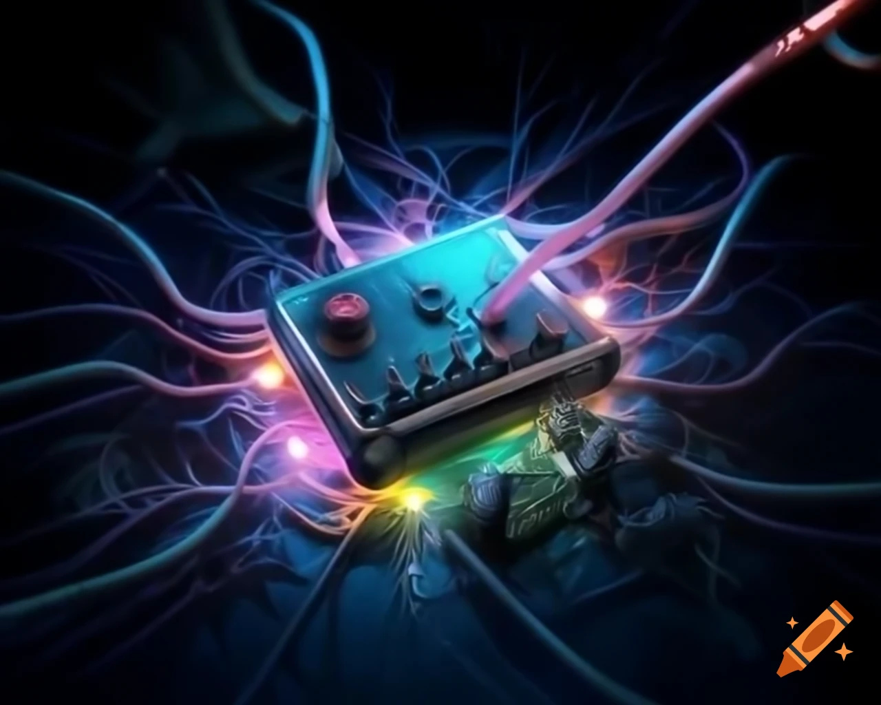 Futuristic electronic musical instrument with colorful lights and ...