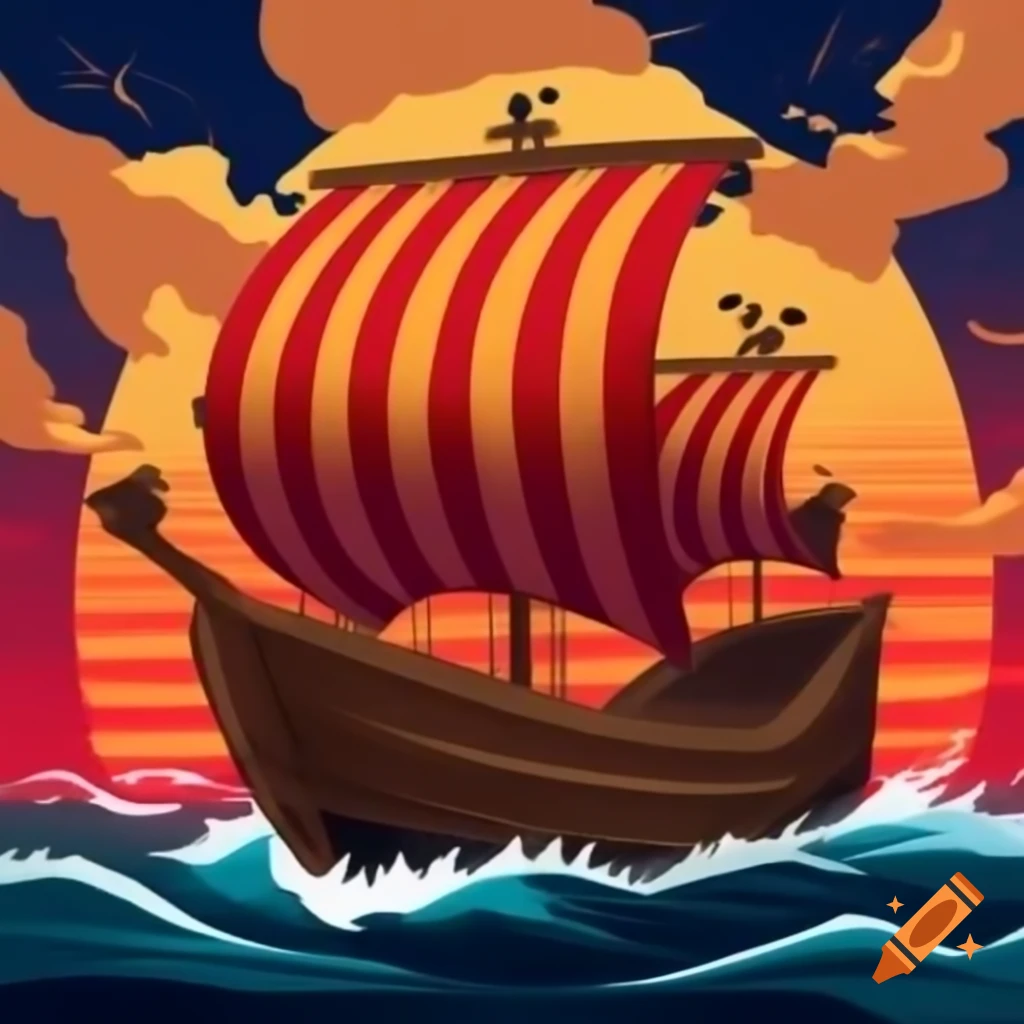 Ancient phoenician ship with crimson and gold sails sailing toward sunset on Craiyon