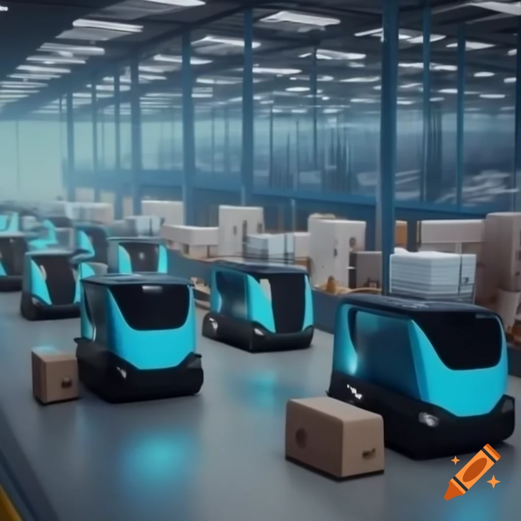 Warehouse with large autonomous trucks and robotic machines carrying ...