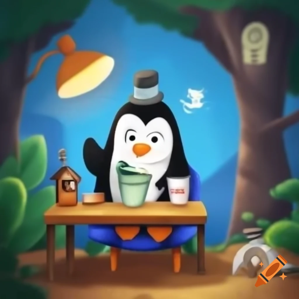 Amusing penguin in bowtie at tiny desk with spilling coffee cup on Craiyon