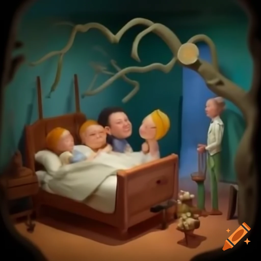 Whimsical twig family around miniature bed with parents standing watch ...
