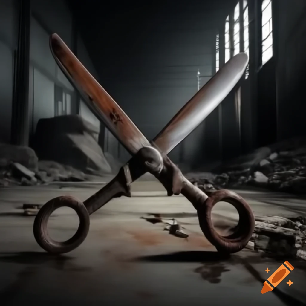 Giant rusty scissors in dark abandoned warehouse with light shining ...