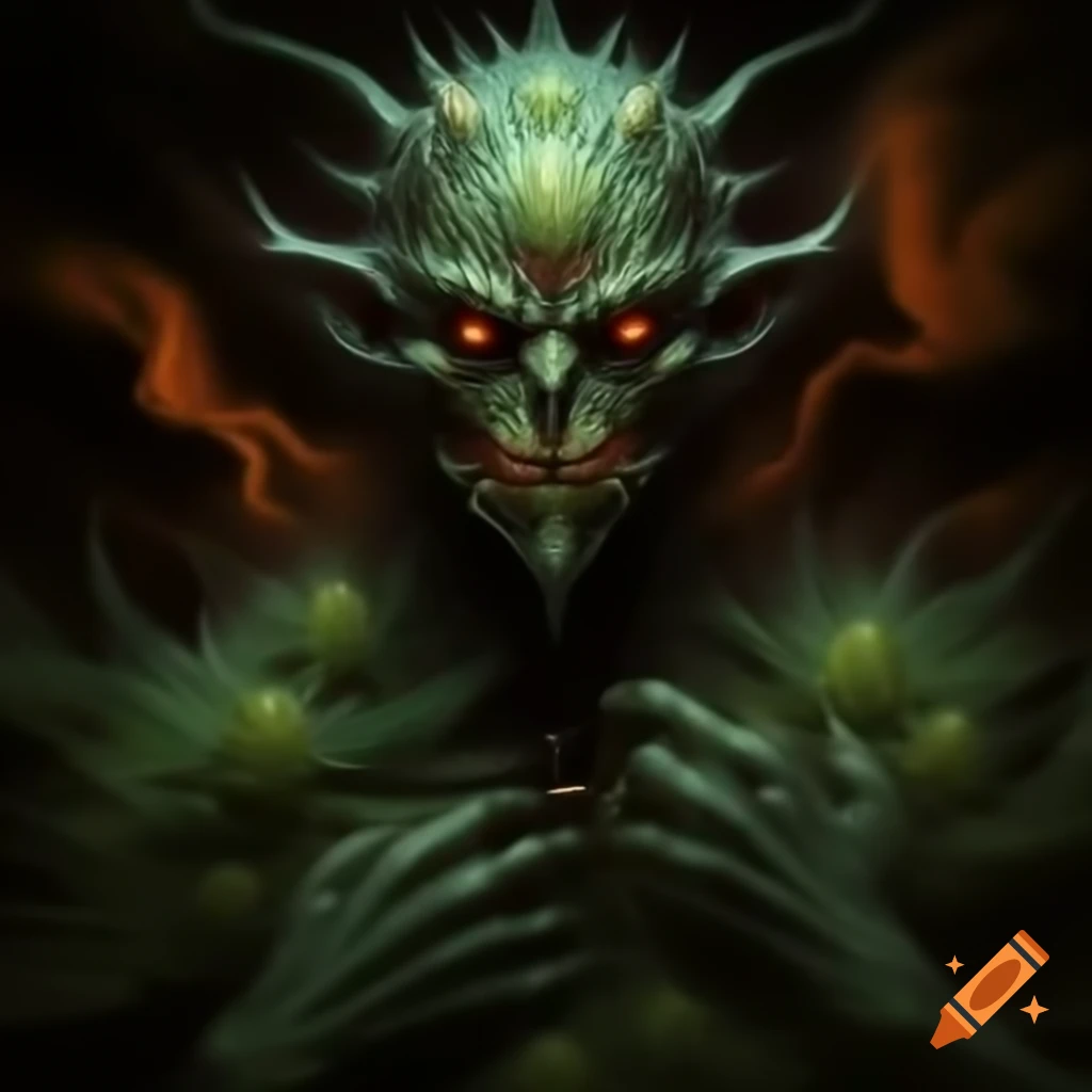 Surreal dark depiction of a humanoid weed demon on Craiyon