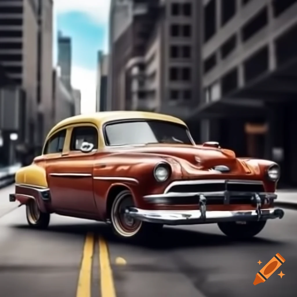 1950s Ford wood-bodied woody car made of polymer clay in a slick city ...