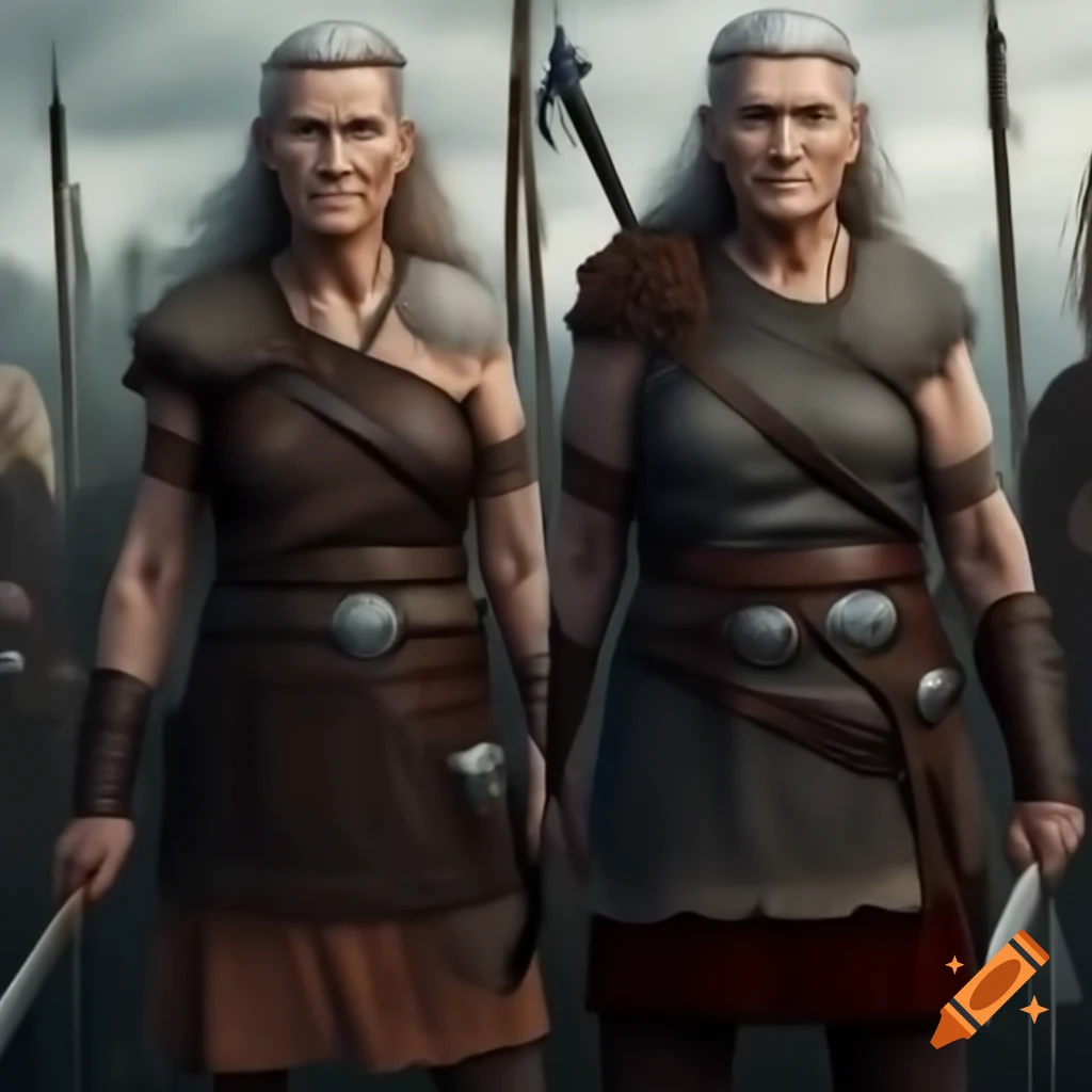 Two elderly Viking women dressed as warriors preparing for battle on Craiyon