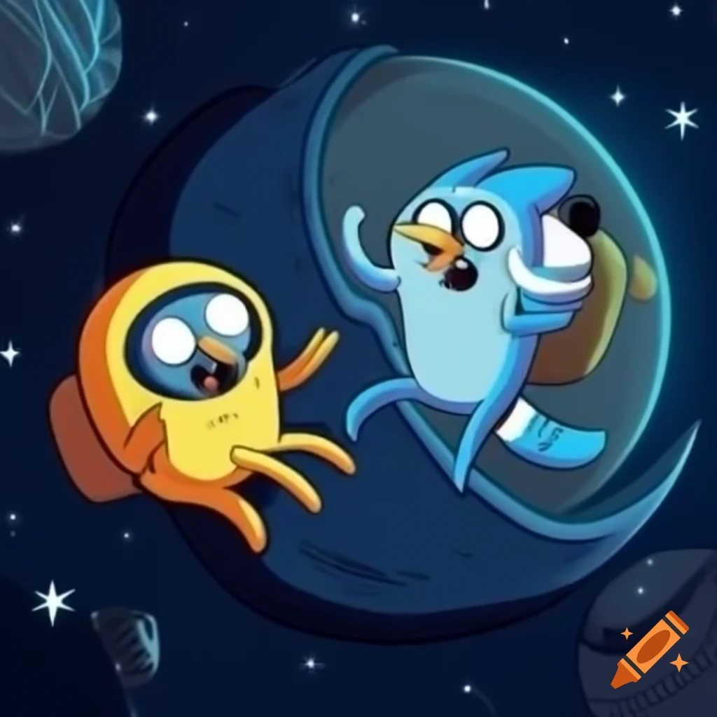 Cartoon characters floating in space with the moon, Regular Show style ...