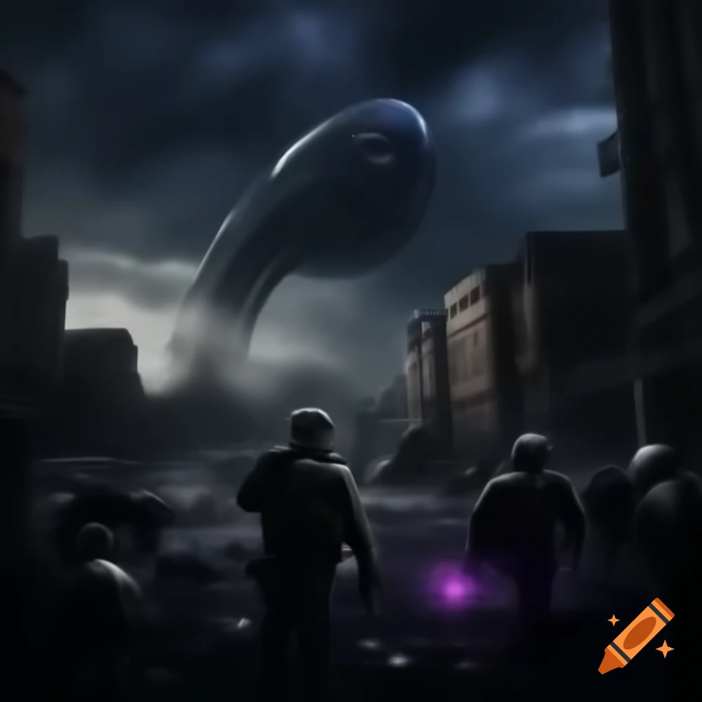 Photorealistic cityscape under attack by giant alien creature on Craiyon