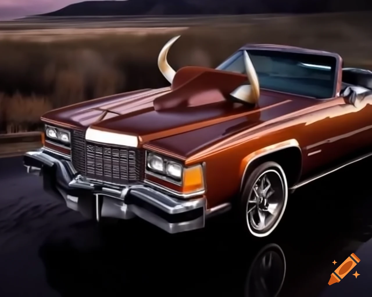 1980's rust red Cadillac with cow horns on grill on Craiyon