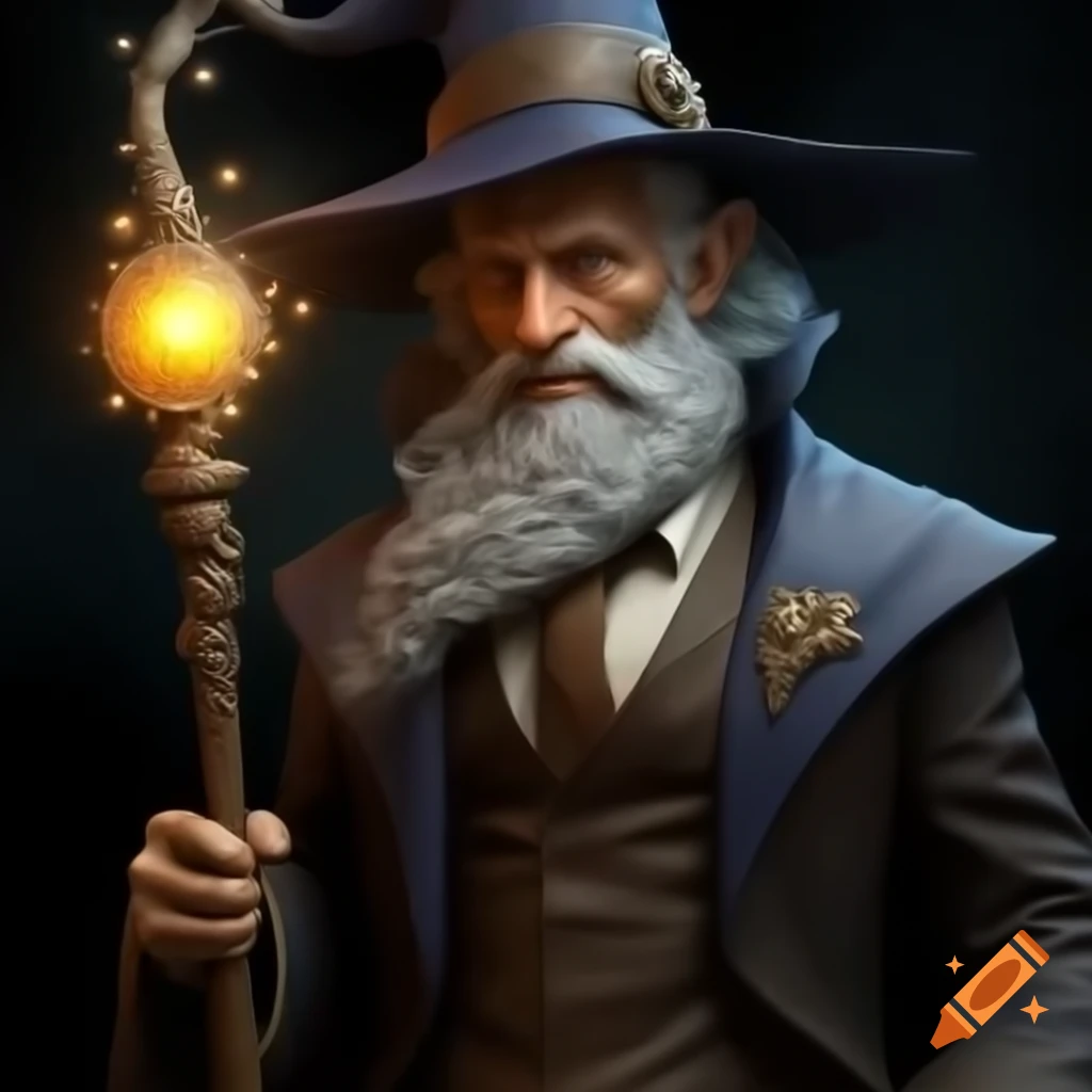 Stylized wizard in business suit with magical elements on Craiyon