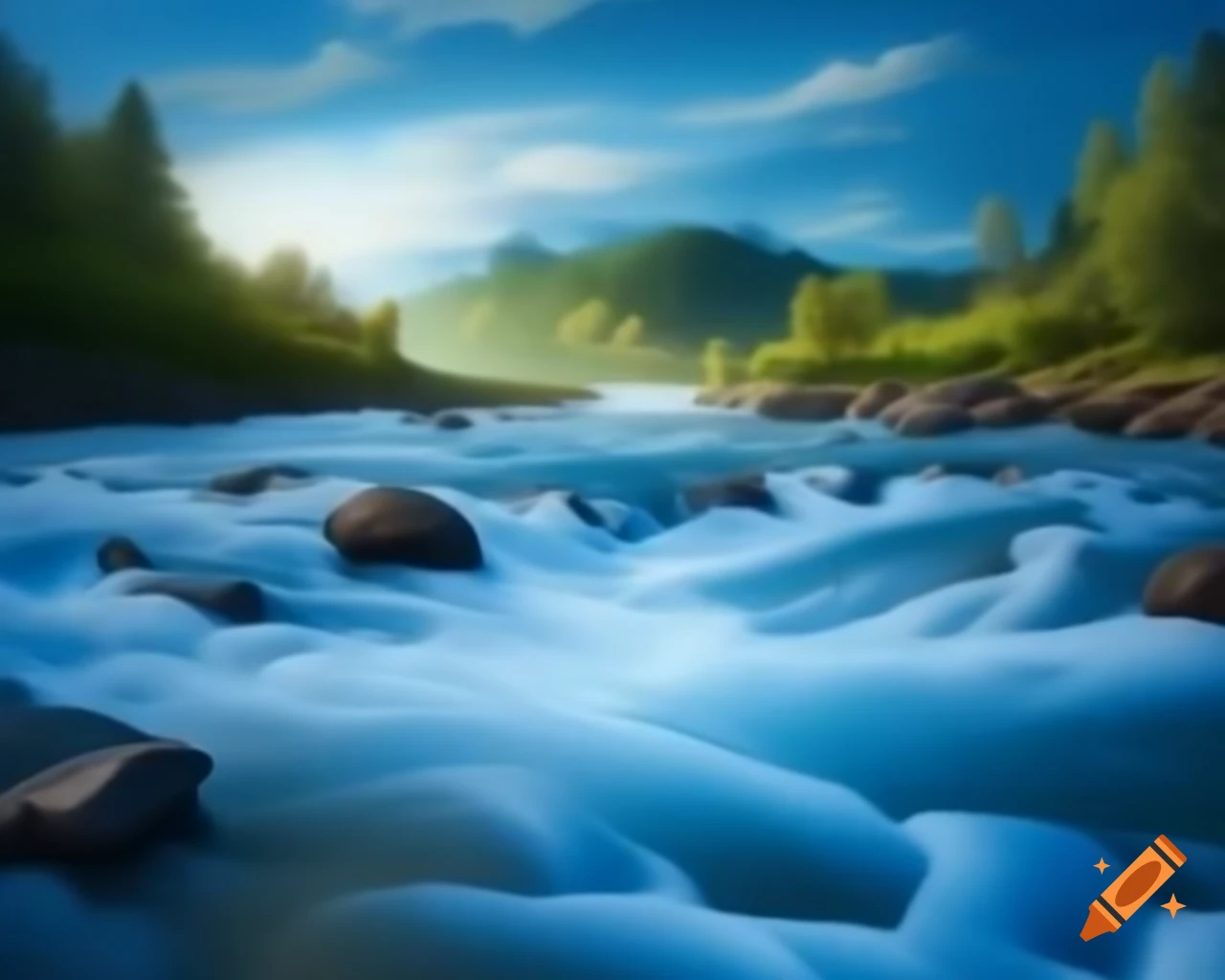 Shimmering river of liquid silver flowing through fantastical landscape ...