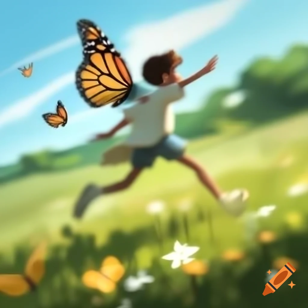 Young adult chasing monarch butterfly in summer meadow with motion blur on Craiyon