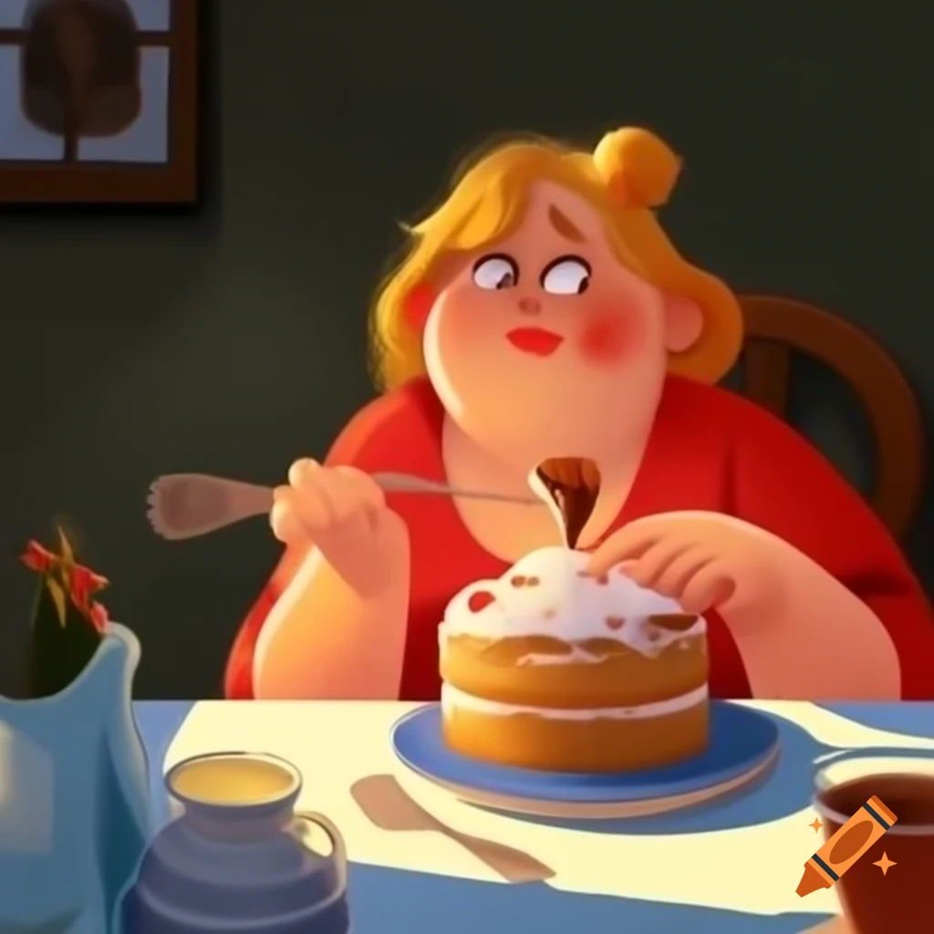 Large woman enjoying a whole cake, celebrating indulgence on Craiyon