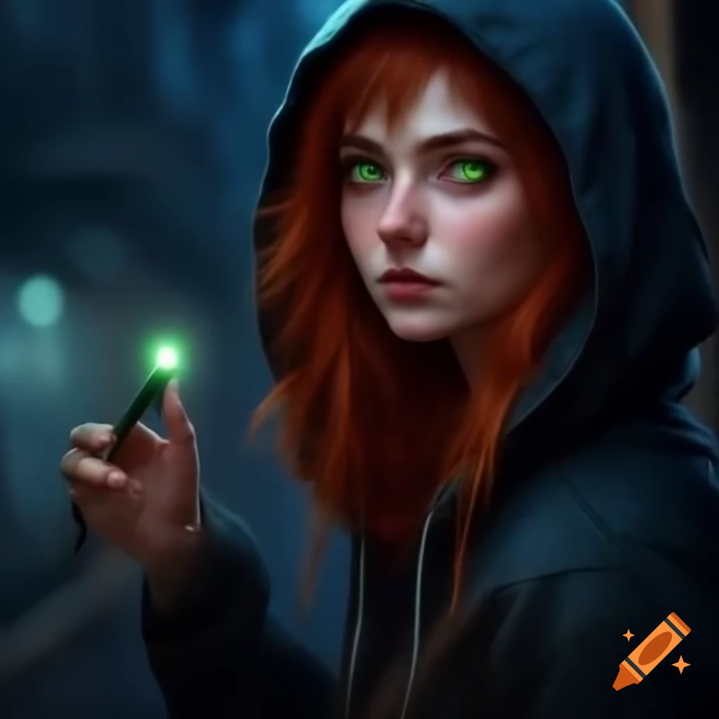 Mysterious woman with red hair in blue hoodie wandering moonlit San ...