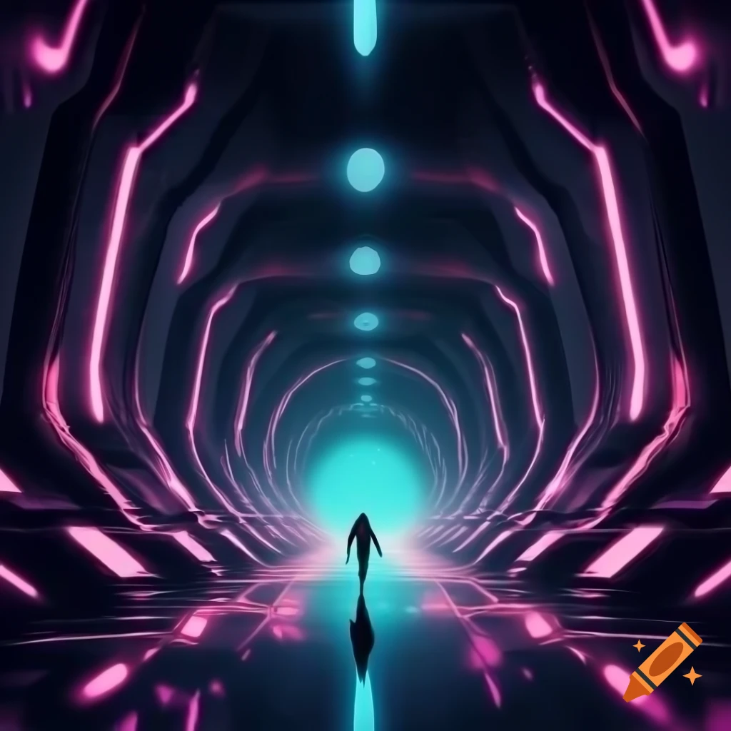 Futuristic Halo Warrior in neon-lit sci-fi walkway with reflections of ...