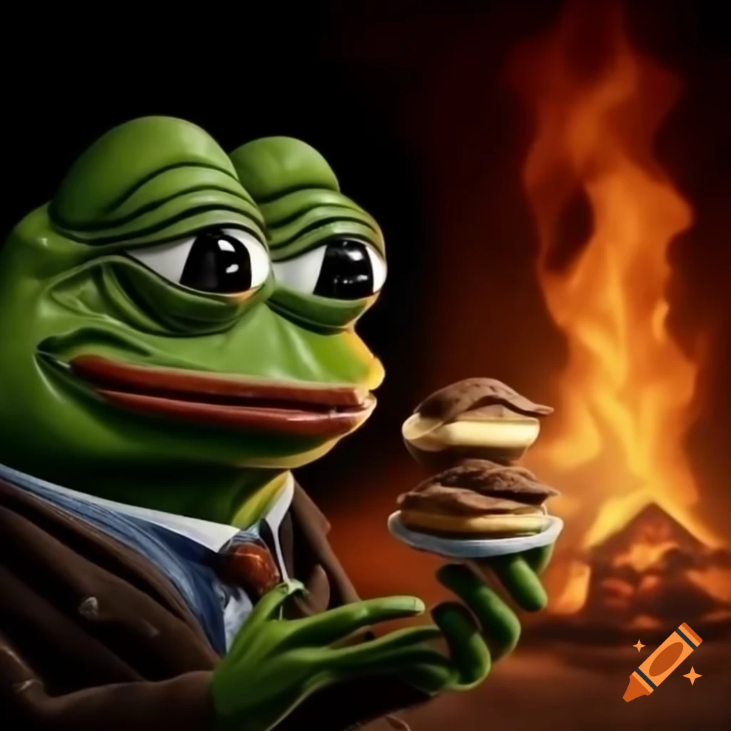 Pepe the frog toasting s'mores over a campfire on Craiyon