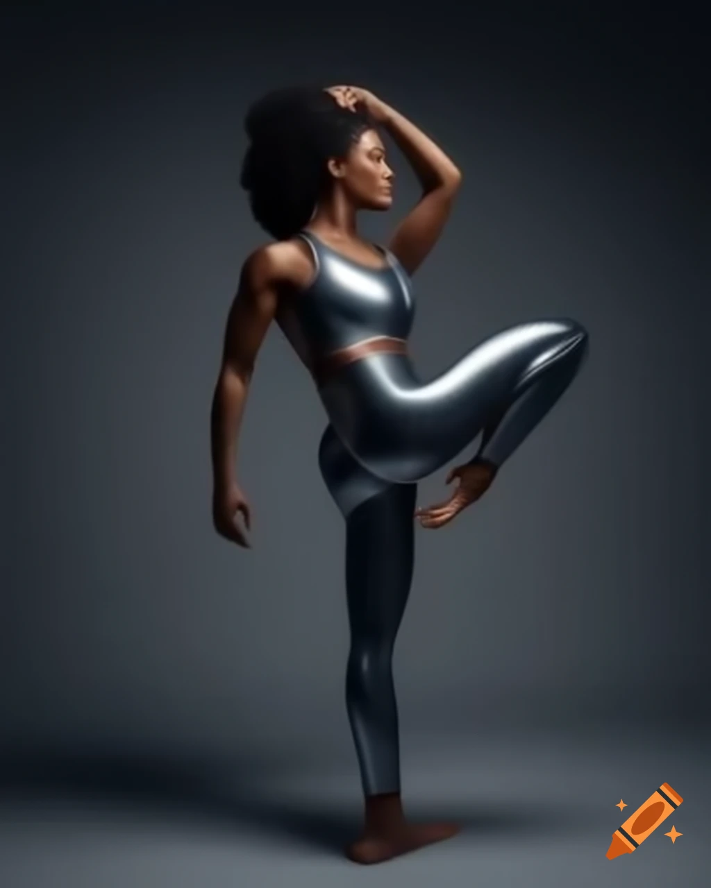 Athletic black woman performing high punch in silver sportswear during ...