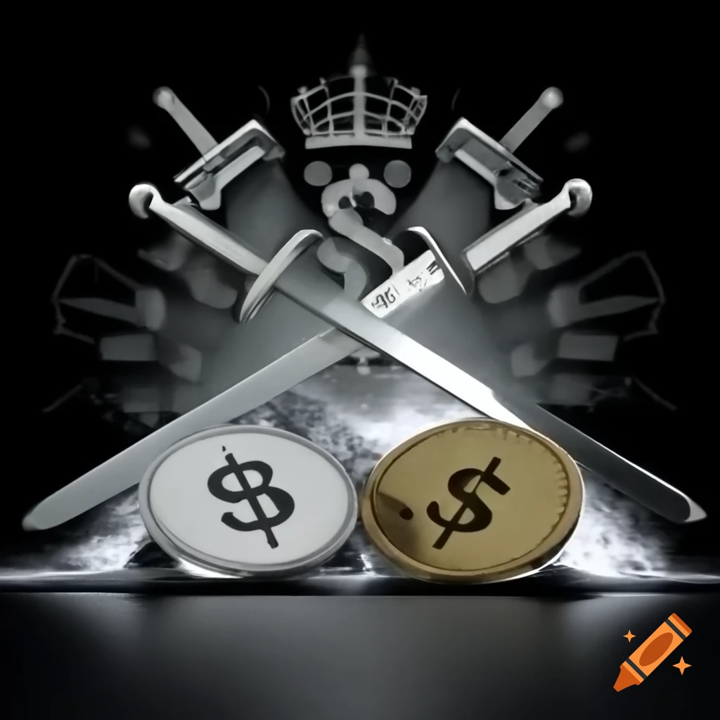 Swords piercing silver bullion with dollar sign, surrounded by silver ...