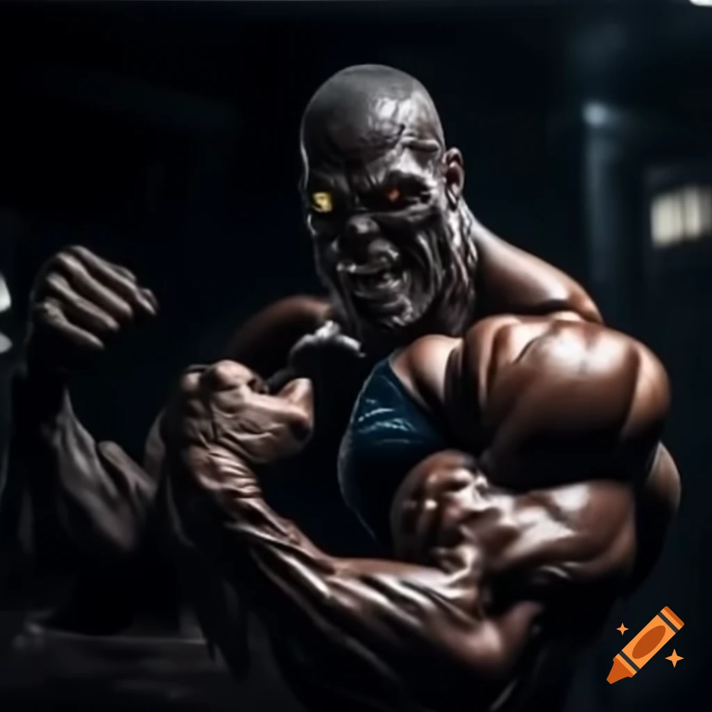 Muscular arm flexing in dramatic setting on Craiyon