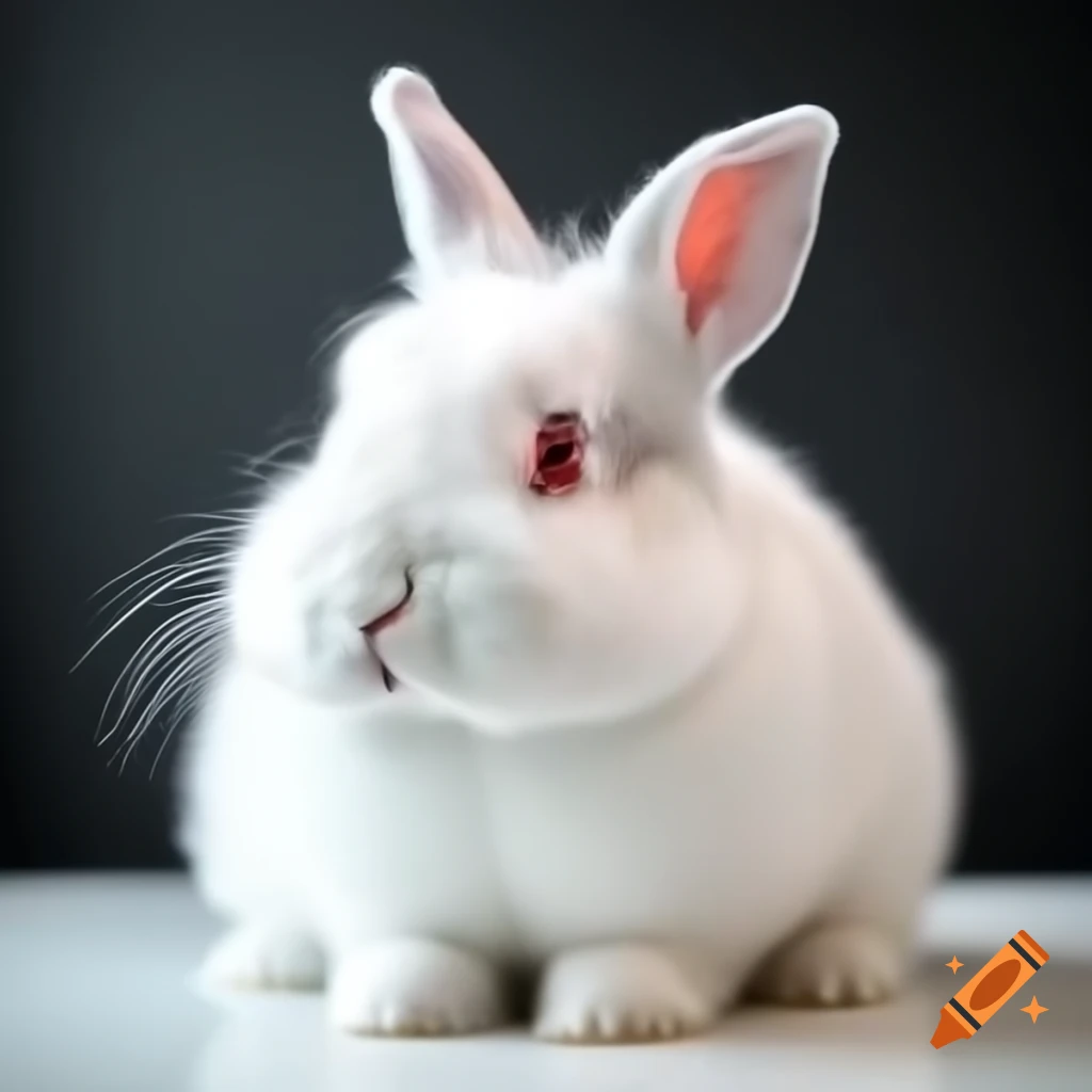 Realistic white rabbit with red eyes on a white table on Craiyon