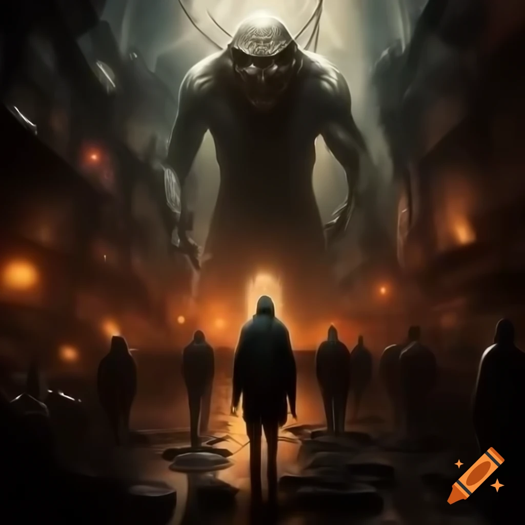 Liminal space with people walking towards a giant dark creature on Craiyon