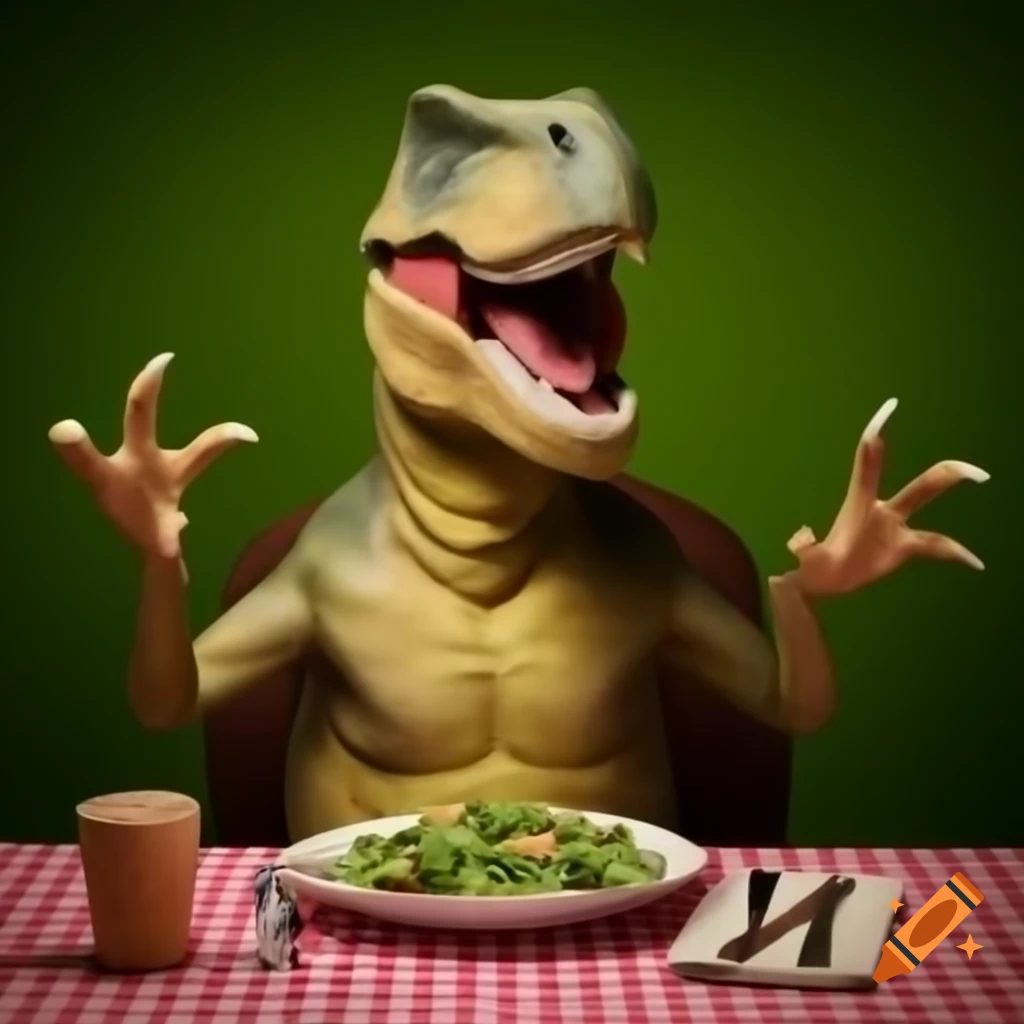 Tyrannosaurus rex with human hands eating caesar salad at a table on ...