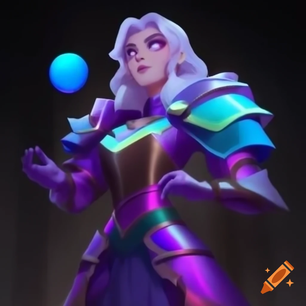 Champion in shimmering bismuth armor radiating ethereal glow on Craiyon