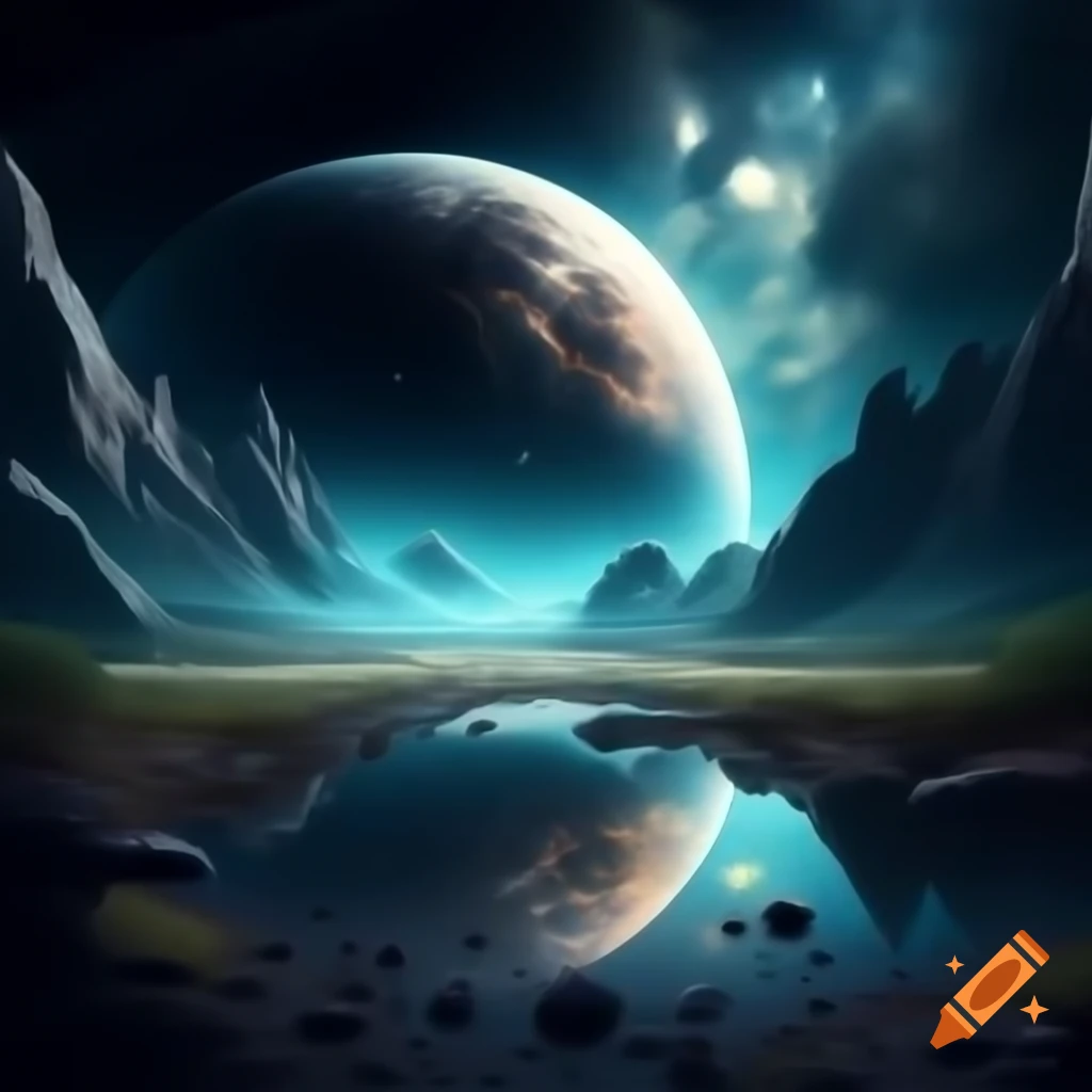 Surreal planet with reflective stream, mountains, two moons, and starry ...