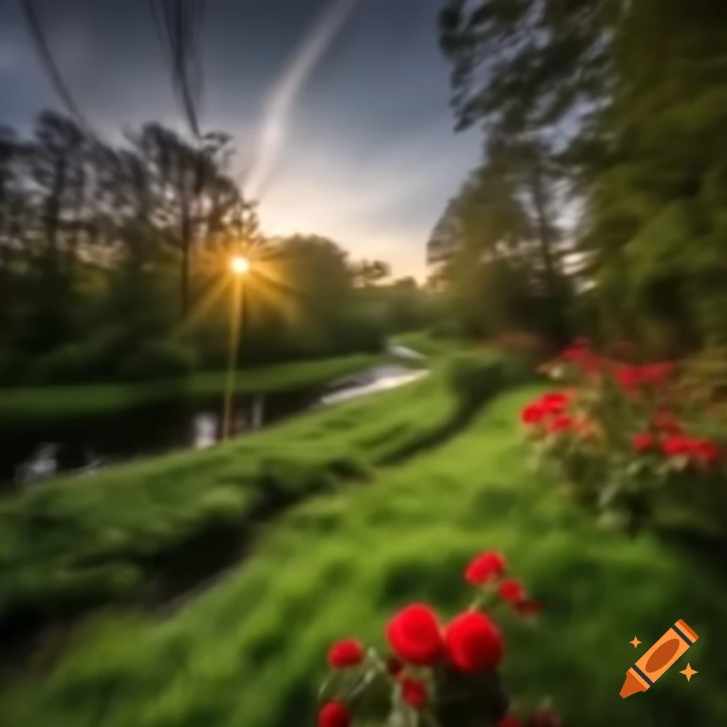 Early morning sun lights dew drops on trees in lush forest with stream ...