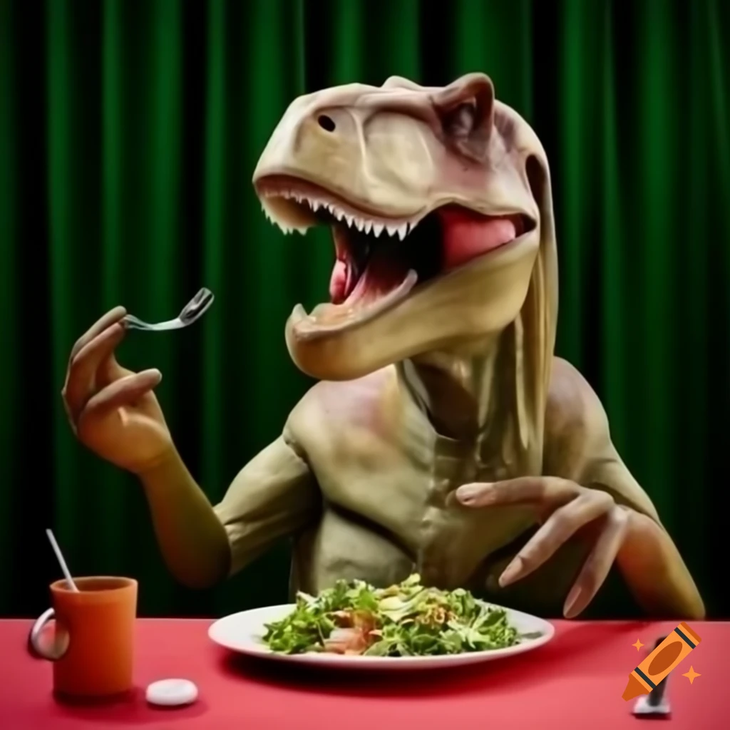 Tyrannosaurus rex with human hands eating caesar salad at a table on ...