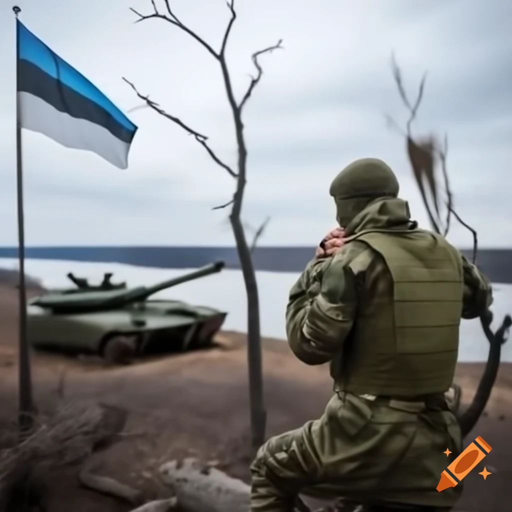 Estonian border guard observing Russian tank across river with ...