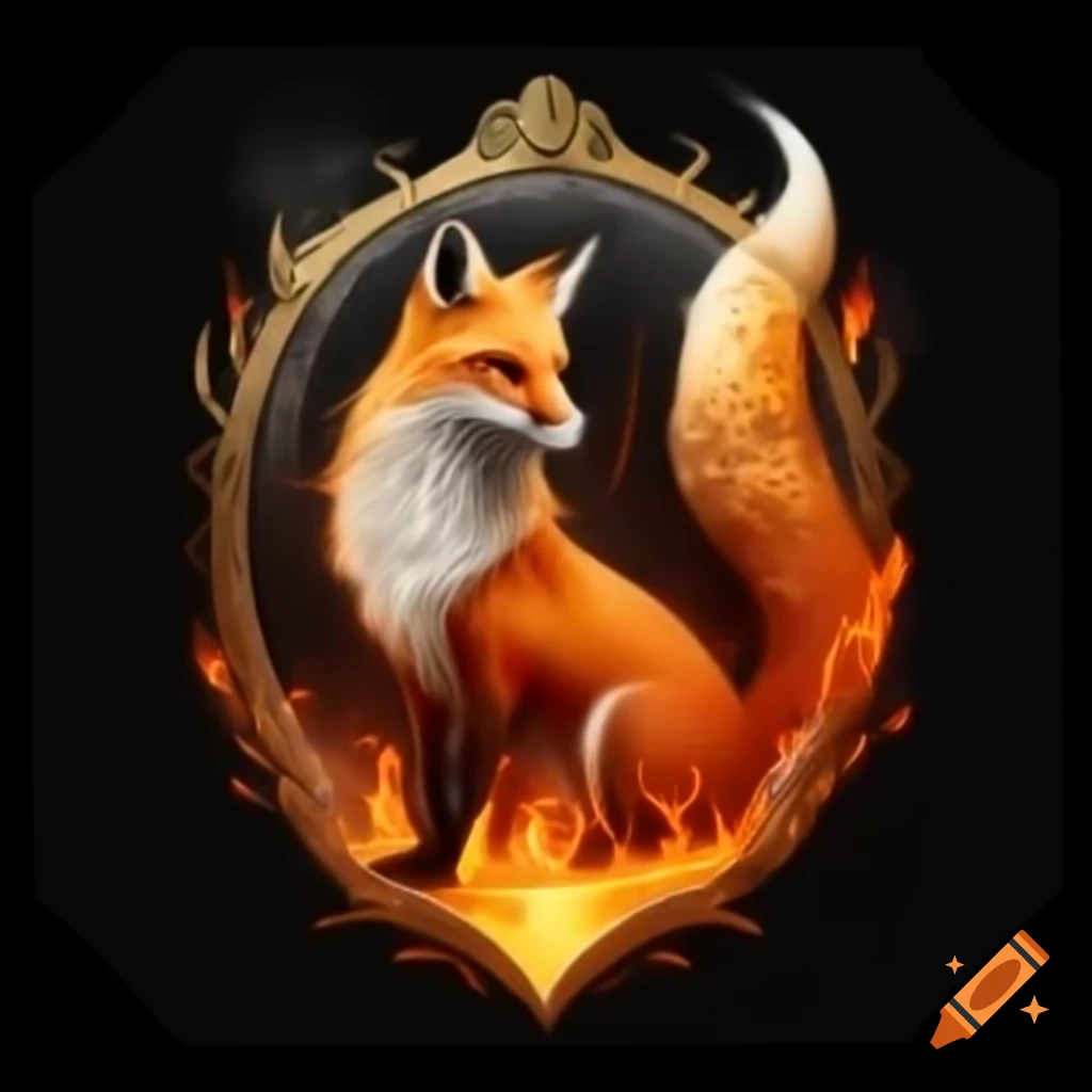 Heraldic coat of arms featuring a majestic fox with a flaming tail on a ...