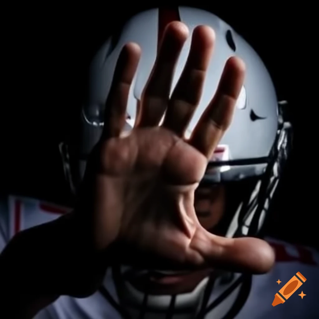 View from inside a football helmet focusing on a hand in the foreground ...