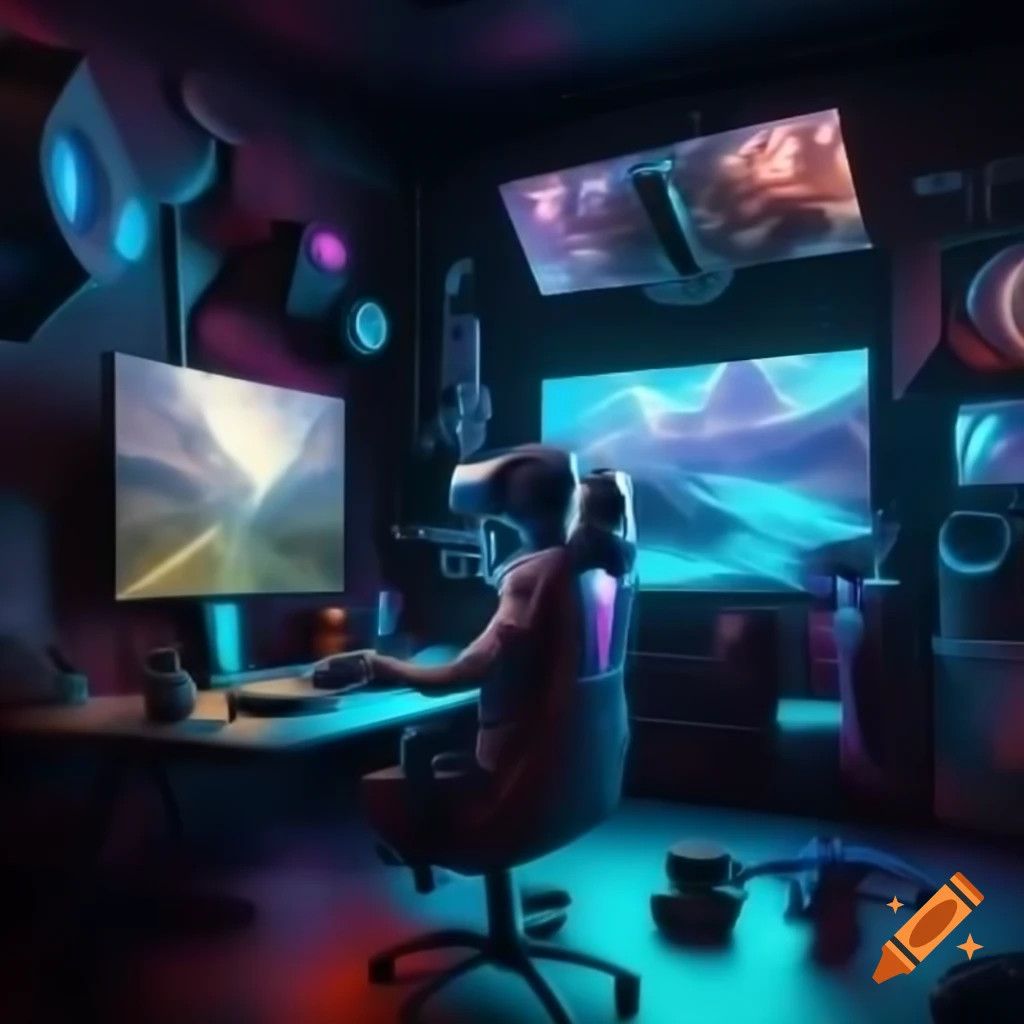 Futuristic gaming scene with gamer in vr headset and glowing gaming pc ...